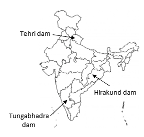 Dams Hirakund, Tehri and Tungabadra are marked on the given map in the ...