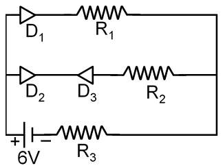 Figure shows a circuit in which three identical diodes are used. Each ...