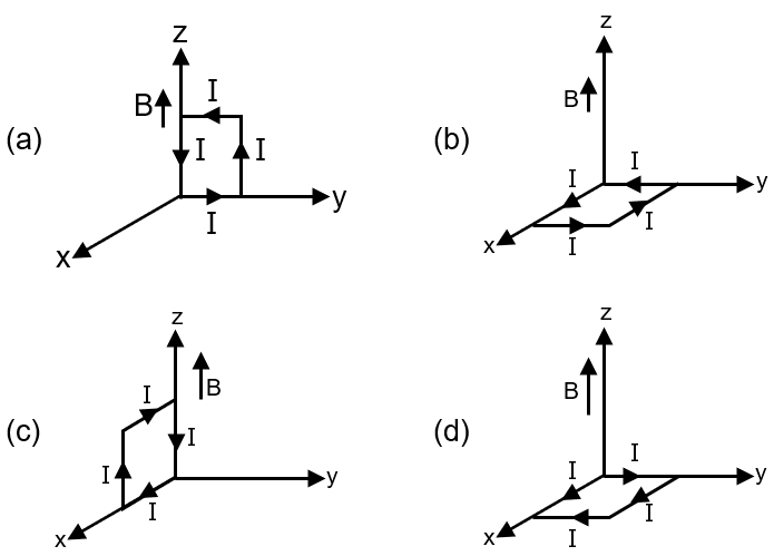 A rectangular loop of sides 10 cm and 5 cm carrying a current I of 12 A is placed in different ...
