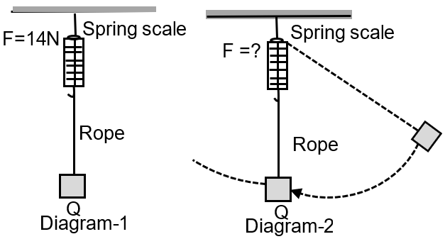 A mass is suspended by a string attached to a spring scale that ...