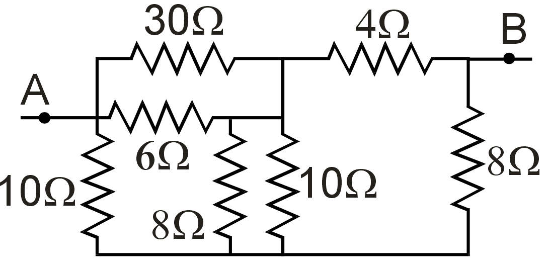 Seven resistors are connected as shown in the diagram. The equivalent ...