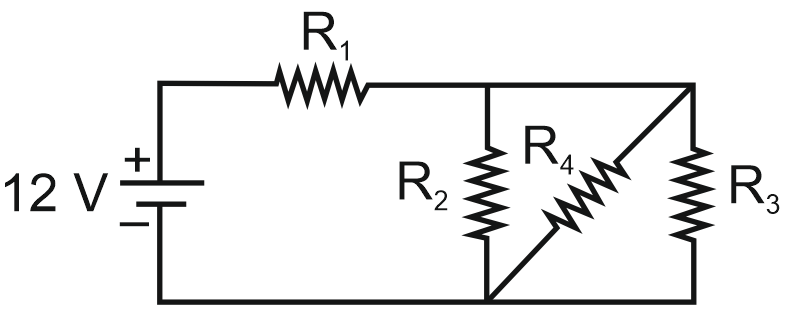 In the given figure R1 = 10Ω, R2 = 8Ω, R3 = 4Ω and R4 = 8Ω. Battery is ...